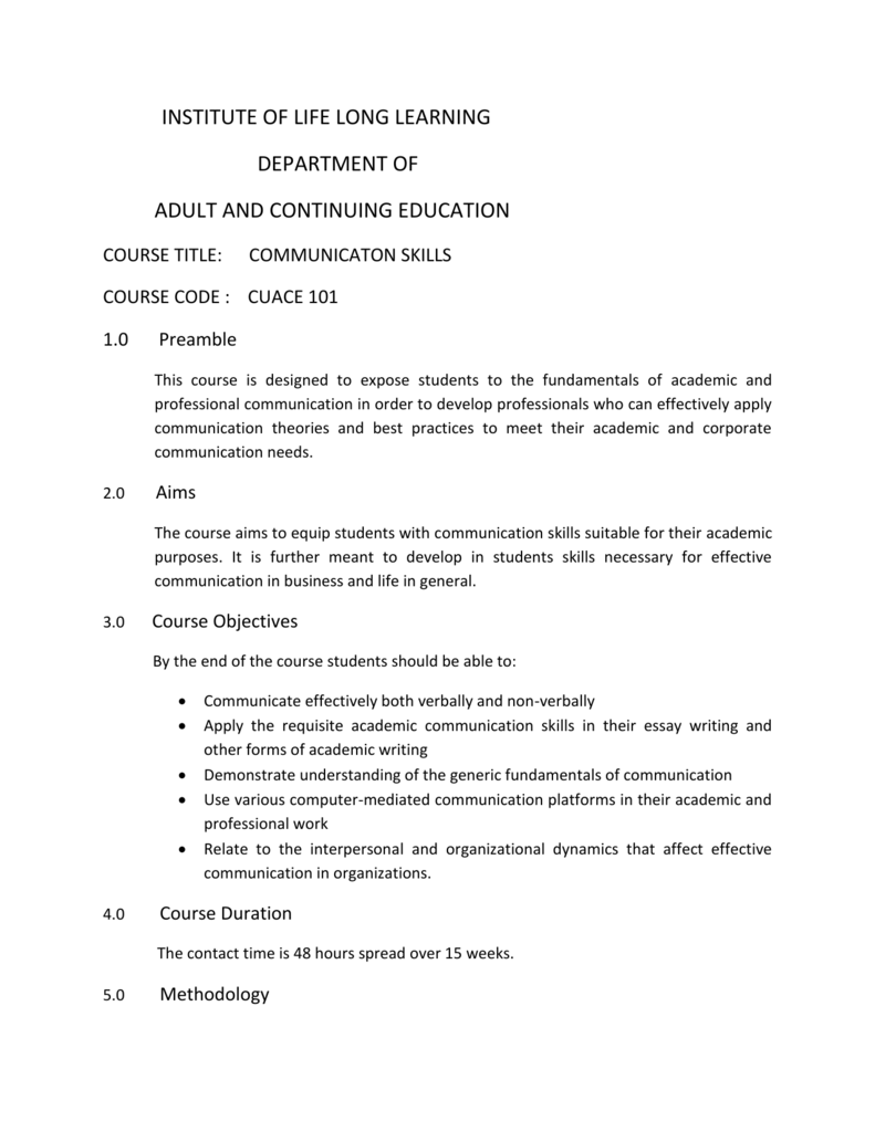 Communication Skills Course Outline CUACE 101 Communication Skills Course Outline CUACE 101