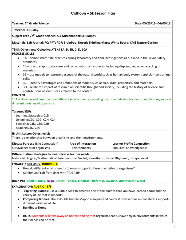 5E Student Lesson Planning Template