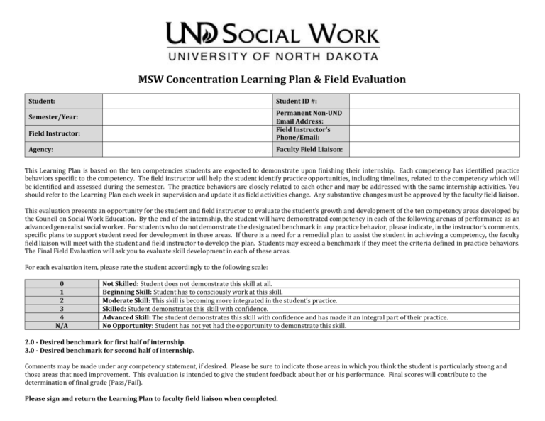 MSW Concentration Learning Plan Field Evaluation