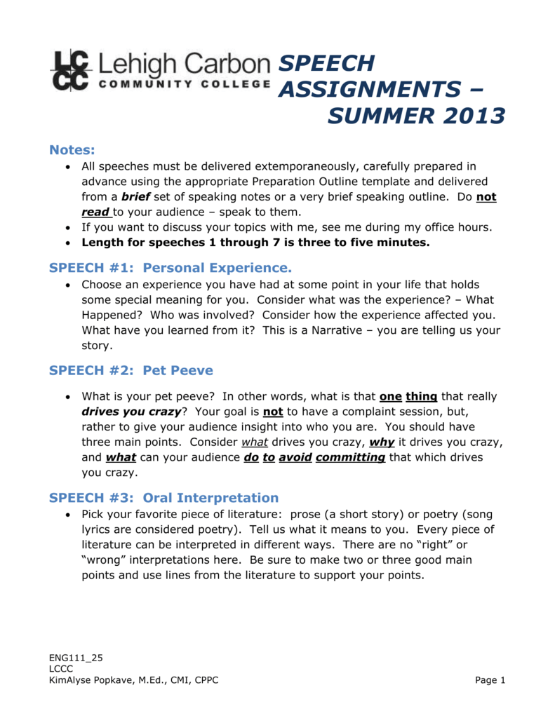 Write Esse Personal Experience Speech Outline