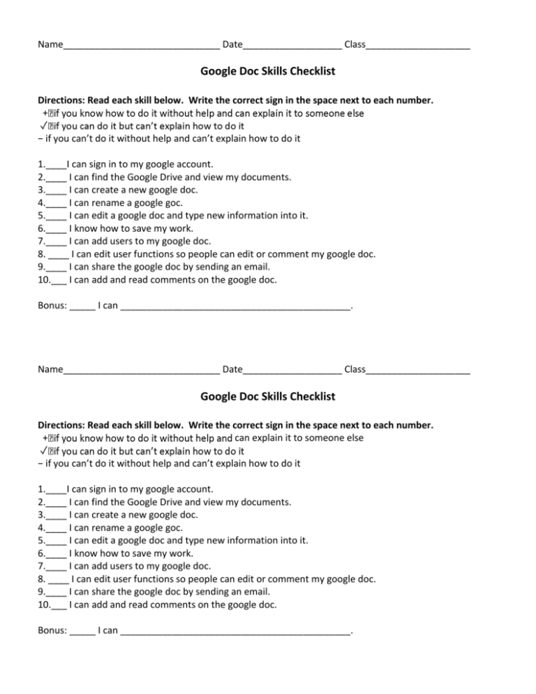 Google Doc Skills Checklist