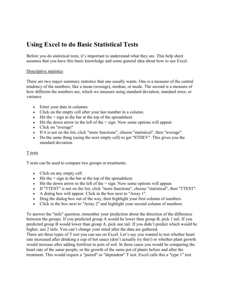 Using Excel To Do Basic Statistical Tests