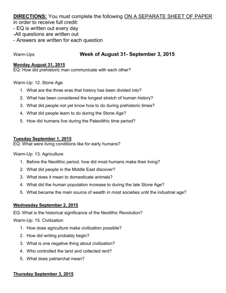 Aug 31 to sep 3 warm ups