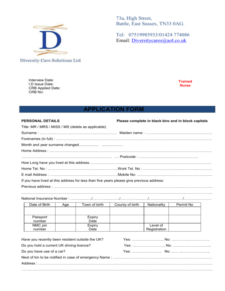 Application trained nurse 1 Diversity Care Solutions Ltd