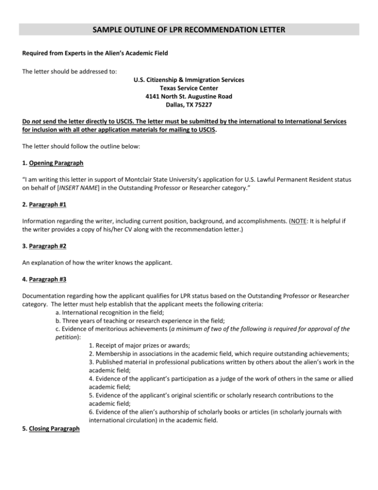 SAMPLE OUTLINE OF LPR RECOMMENDATION