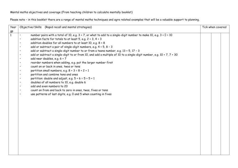 Mental Maths Objectives And Coverage Each Year Mental Maths Objectives And Coverage Each Year