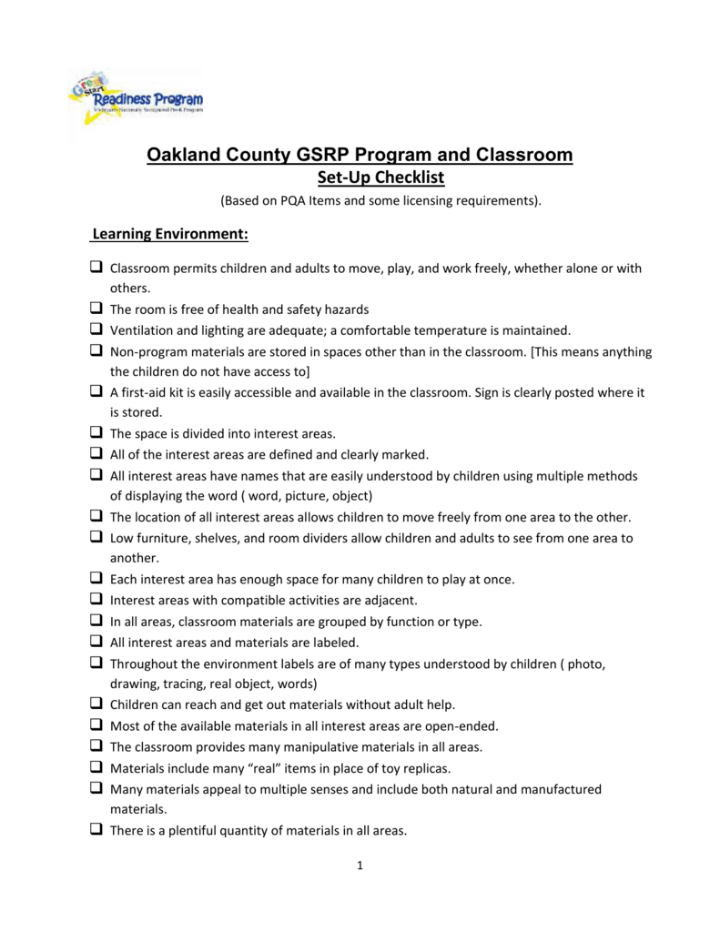 Preschool Classroom Set Up Checklist