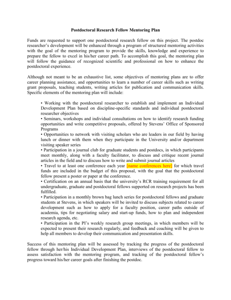 Postdoctoral Research Fellow Mentoring Plan