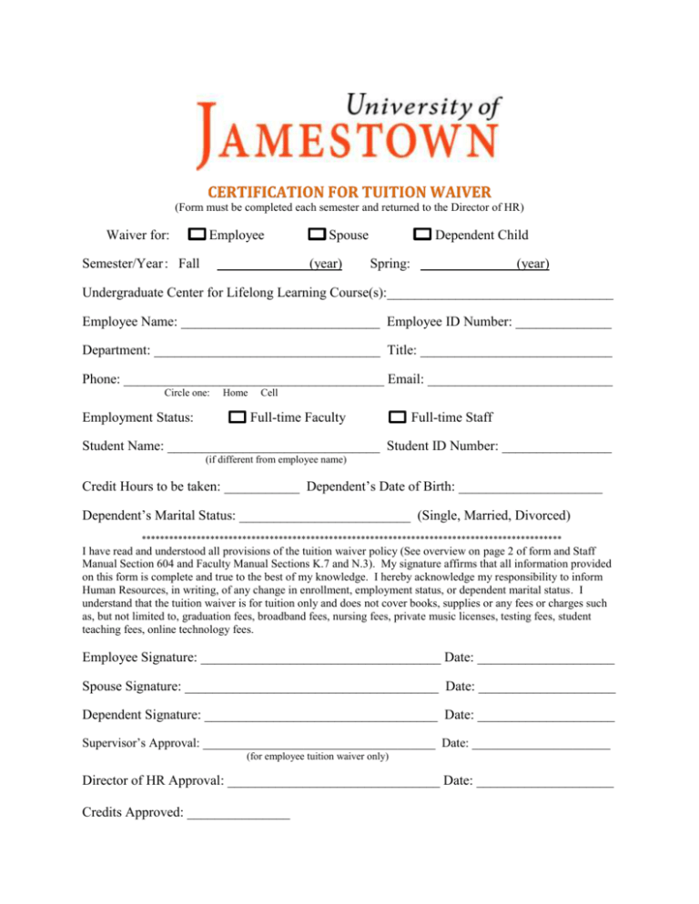 TUITION WAIVER CERTIFICATION