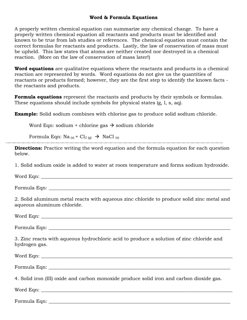 Word And Formula Equations Worksheet