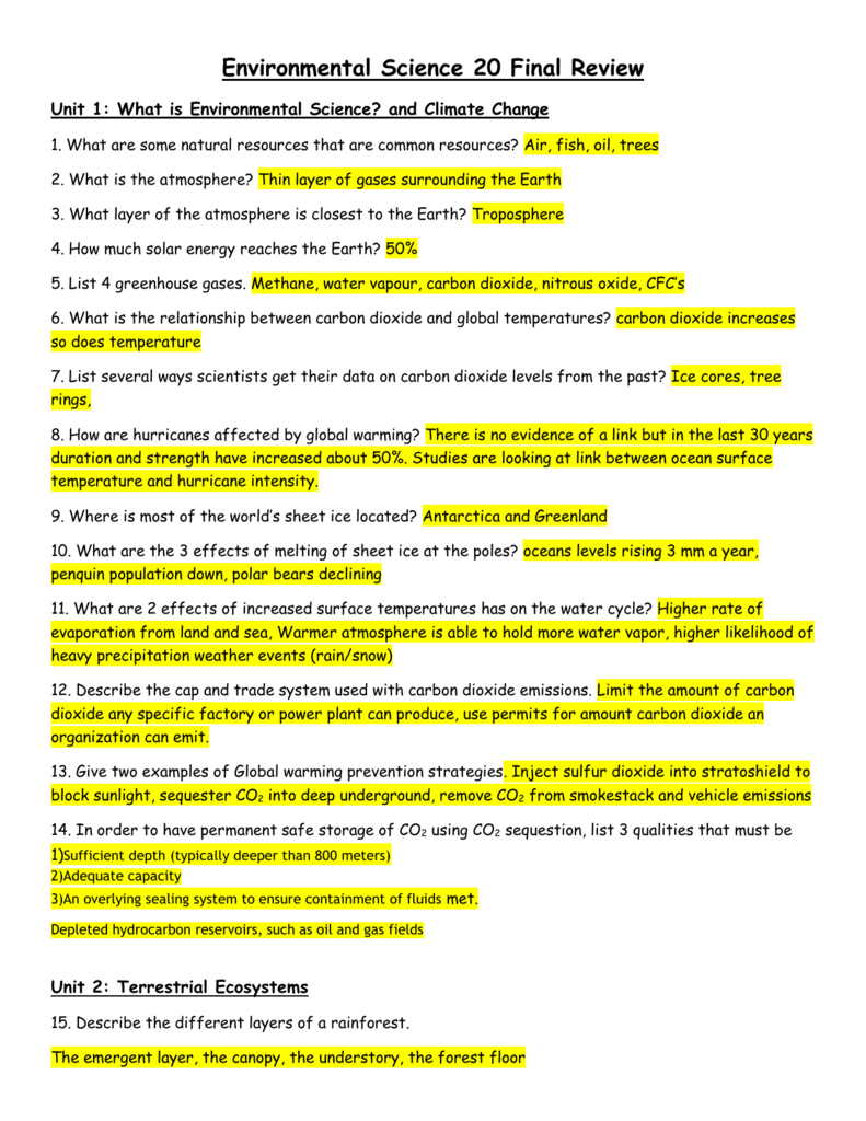 Environmental Science 20 Final Review Answer Key Environmental Science 20 Final Review Answer Key