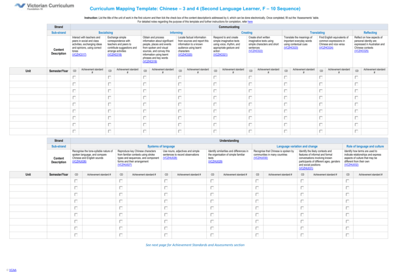 Curriculum Mapping Template: Chinese * 3 and 4