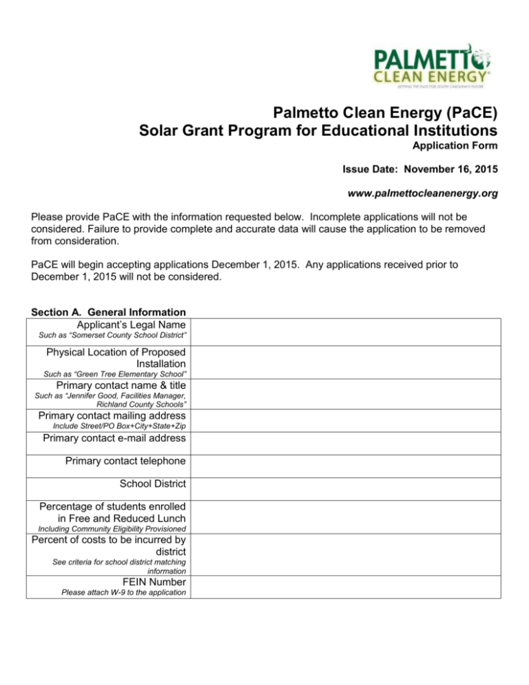 PaCE Phase 1 Solar Grant Application & Instructions