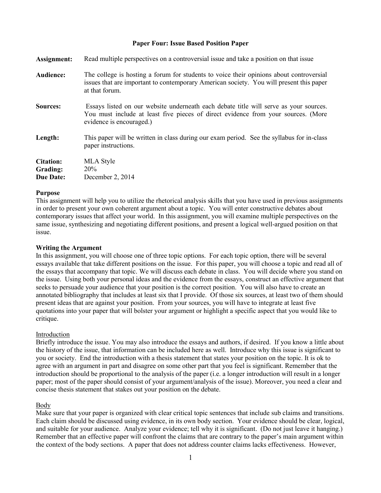 In Class Issue Based Position Paper Assignment