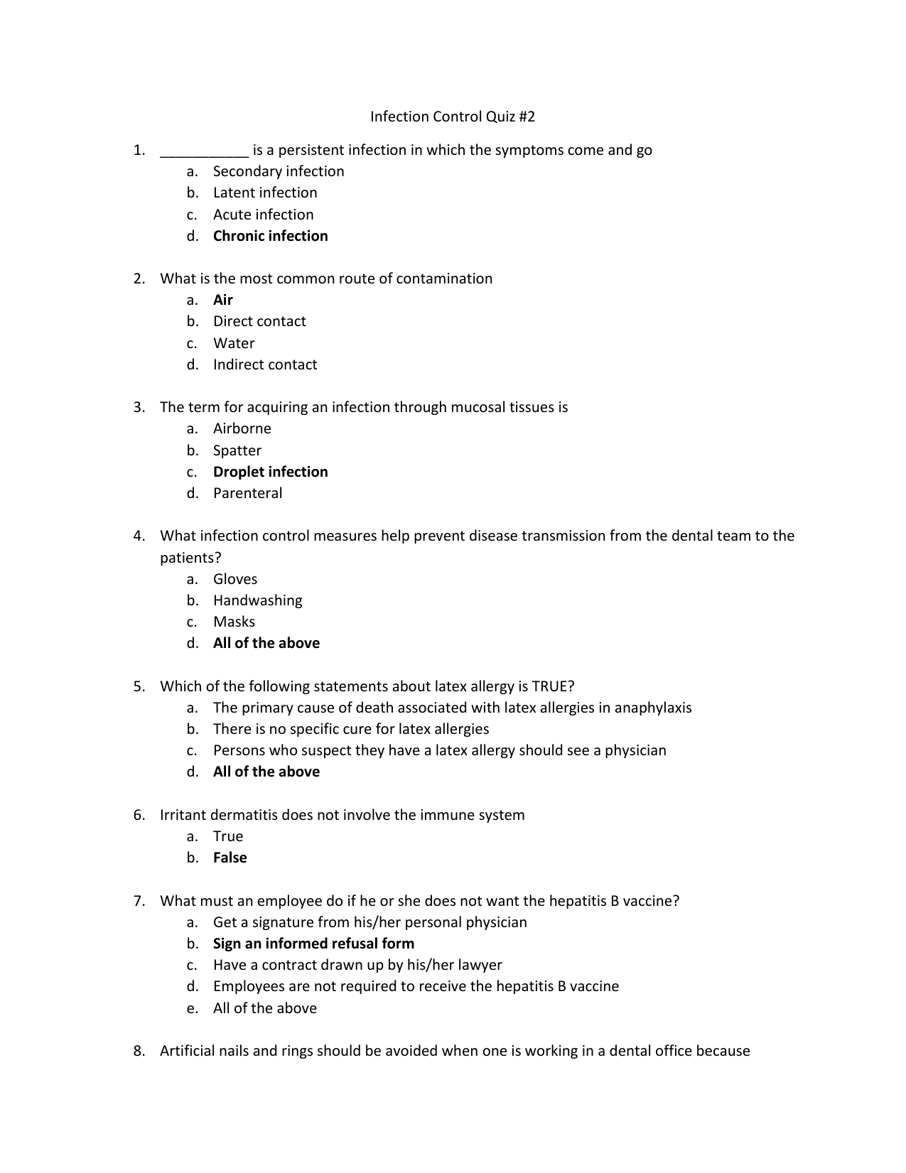 Infection Control Quiz 2 Is A Persistent infection In Which
