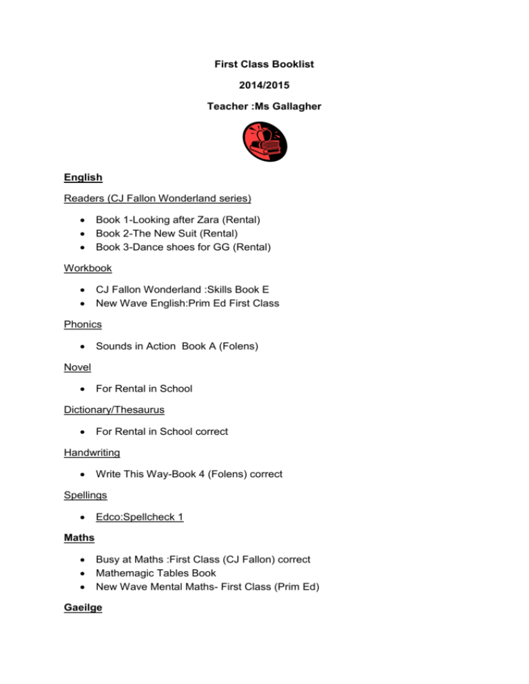 First Class Booklist 2014 2015 Teacher Ms Gallagher English