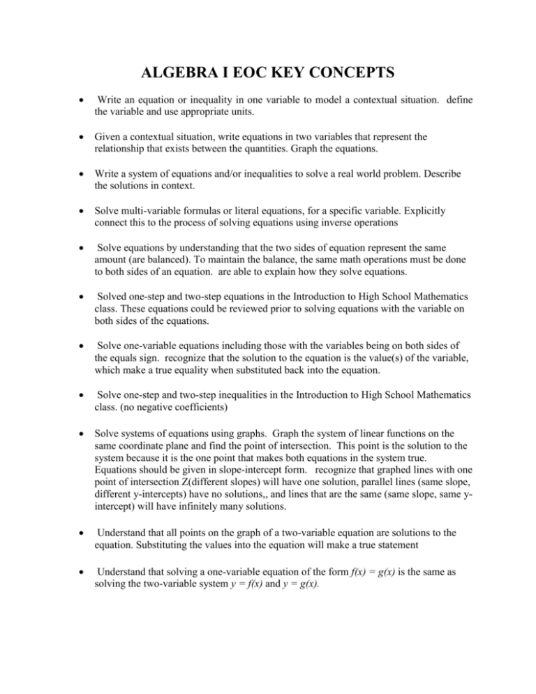 Algebra I Eoc Key Concepts