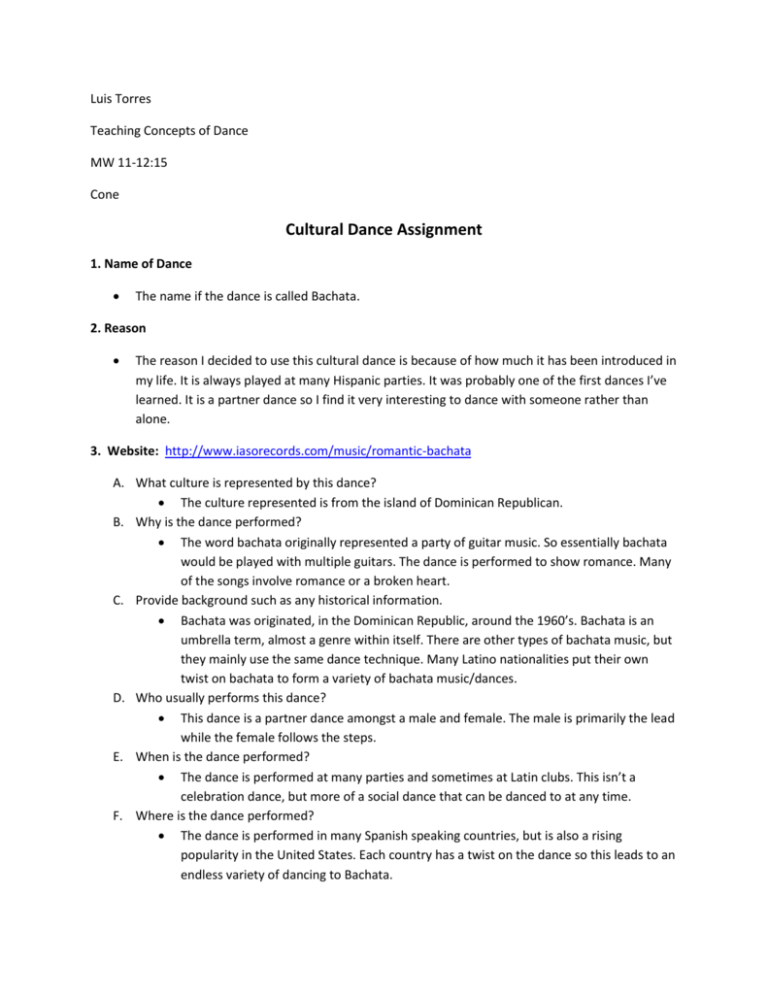 Bachata Dance: Cultural Assignment & Learning Resources