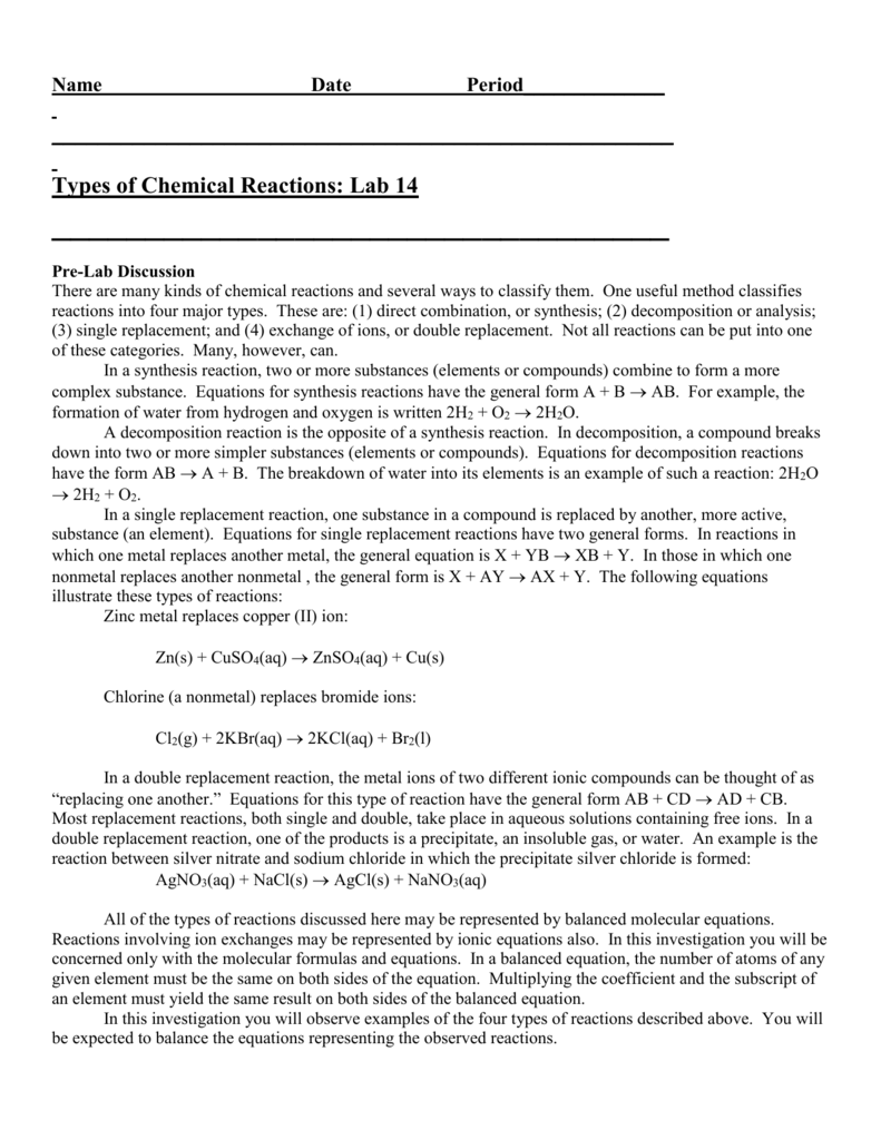 Types Of Chemical Reactions Lab 14
