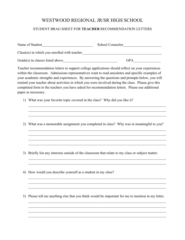 Brag Sheet For Teachers Westwood Regional School District Brag Sheet For Teachers Westwood Regional School District