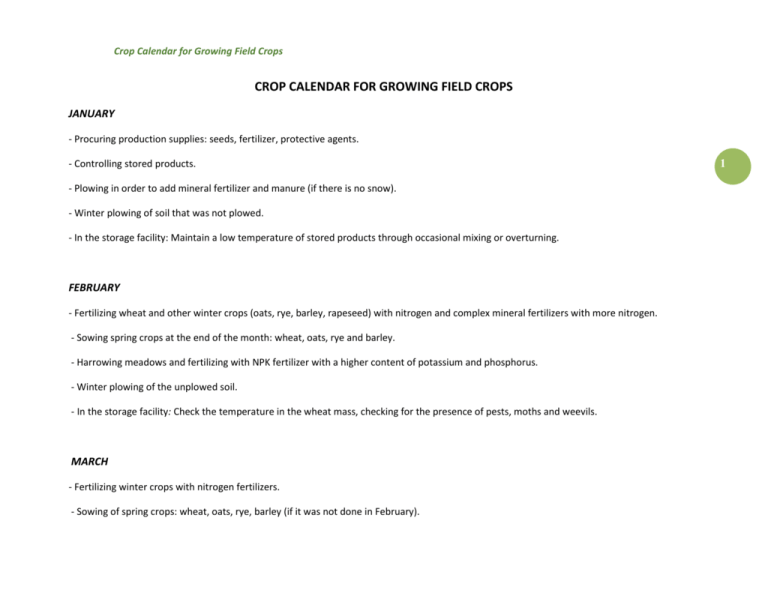 Crop Calendar for Field Crops: Monthly Guide