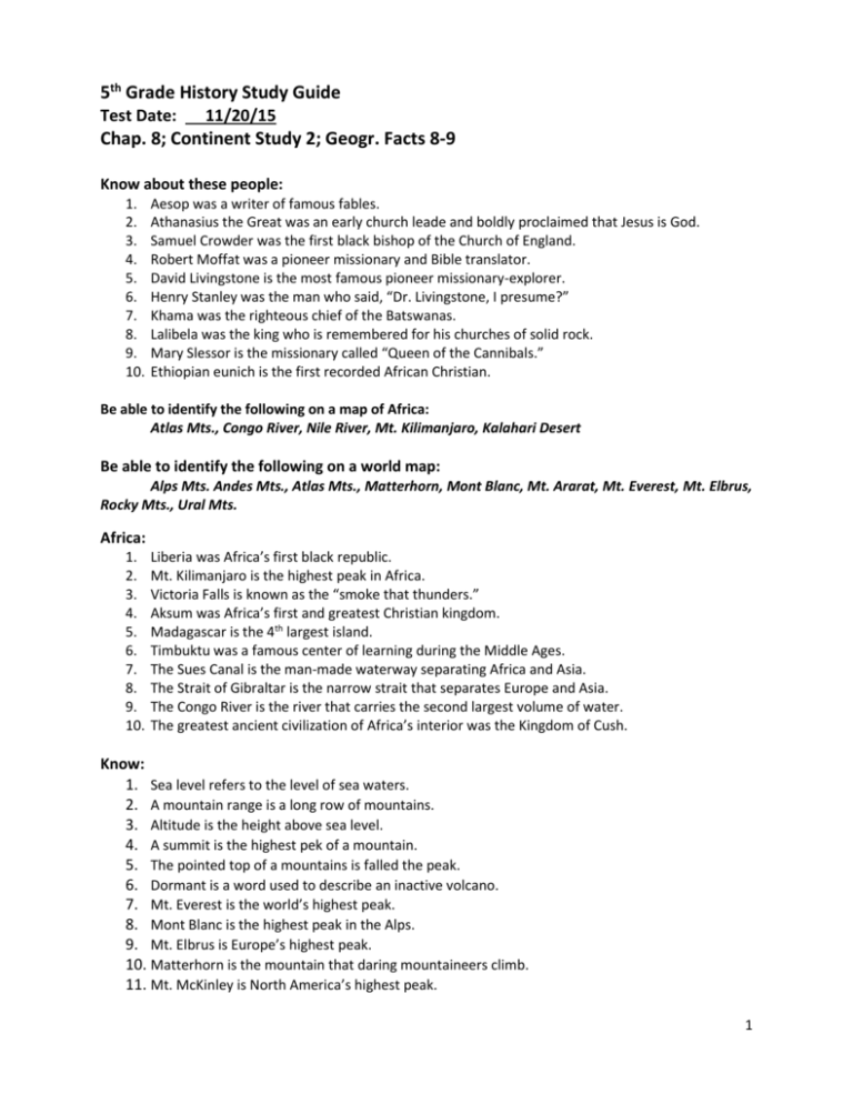 5 Th Grade History Study Guide Test Date 11 20 15 Chap 8 5 Th Grade History Study Guide Test Date 11 20 15 Chap 8