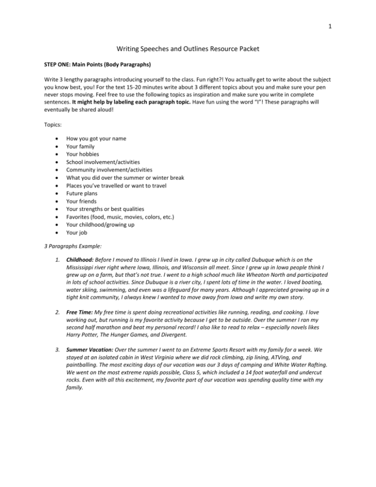 Speech Writing & Outlines: Self-Introduction Resource Packet