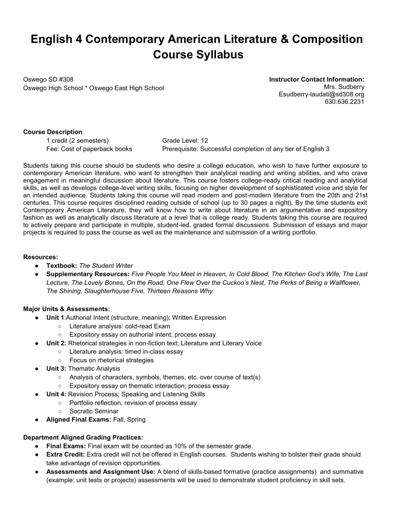 Contemporary Literature Syllabus Contemporary Literature Syllabus