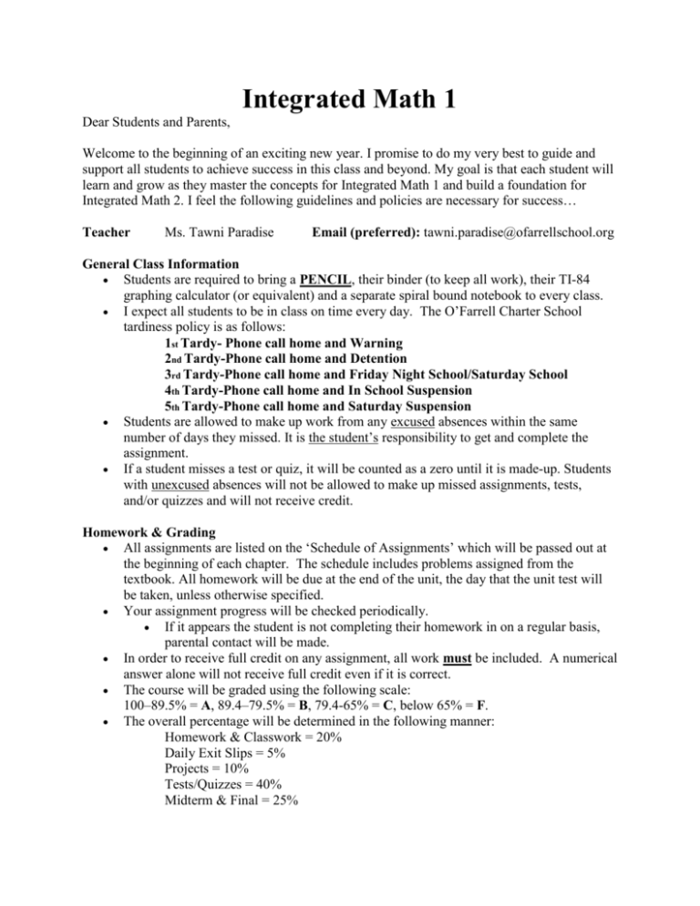 Integrated Math 1 Syllabus