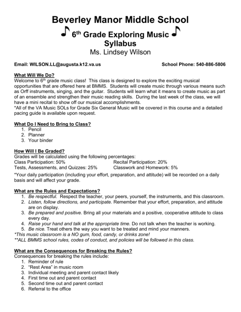 6th Grade Exploring Music Syllabus