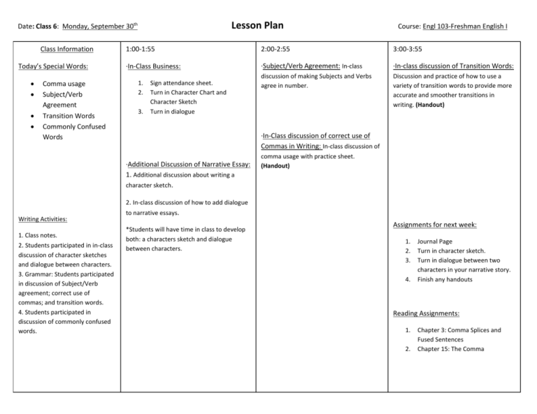 Class 6 Lesson Plan Freshman English 103 Class 6 Lesson Plan Freshman English 103