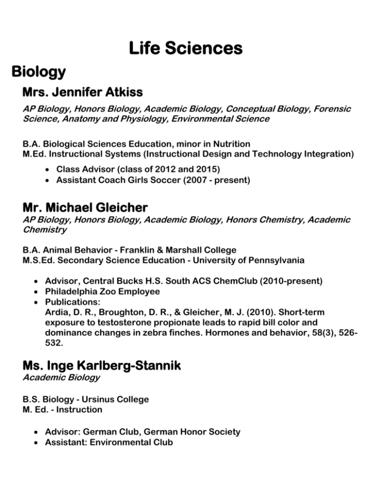 High School Science Staff Directory: Biology, Chemistry, Physics