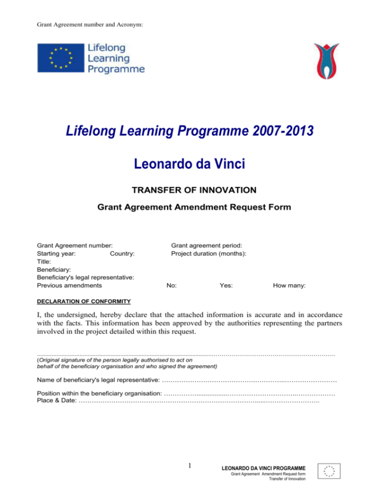 Grant Agreement Amendment Request Form