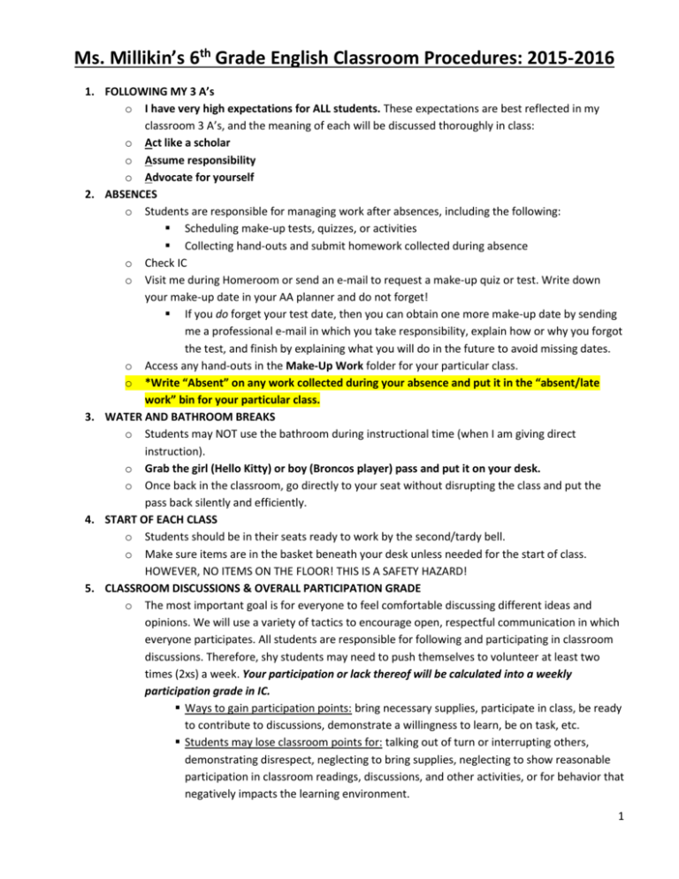 Classroom Policies Procedures