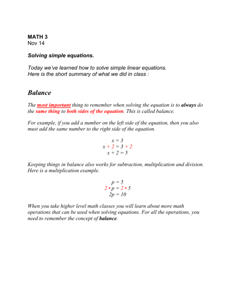 Solving Simple Equations 