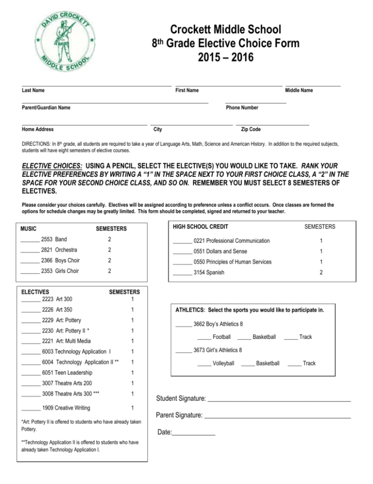 Crockett Middle School 8 Th Grade Elective Choice