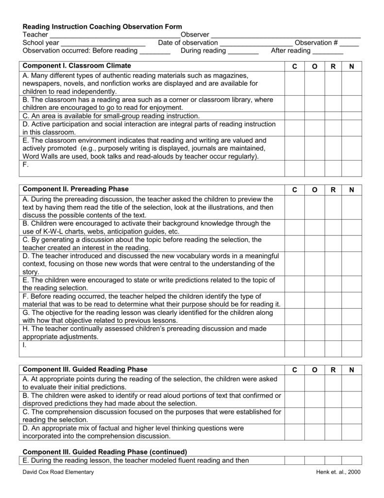 Reading Lesson Observation