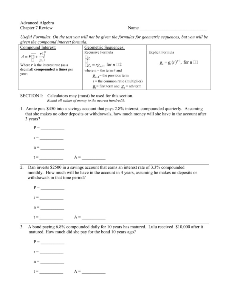 Review Sheets For Chapter 7 Test Review Sheets For Chapter 7 Test