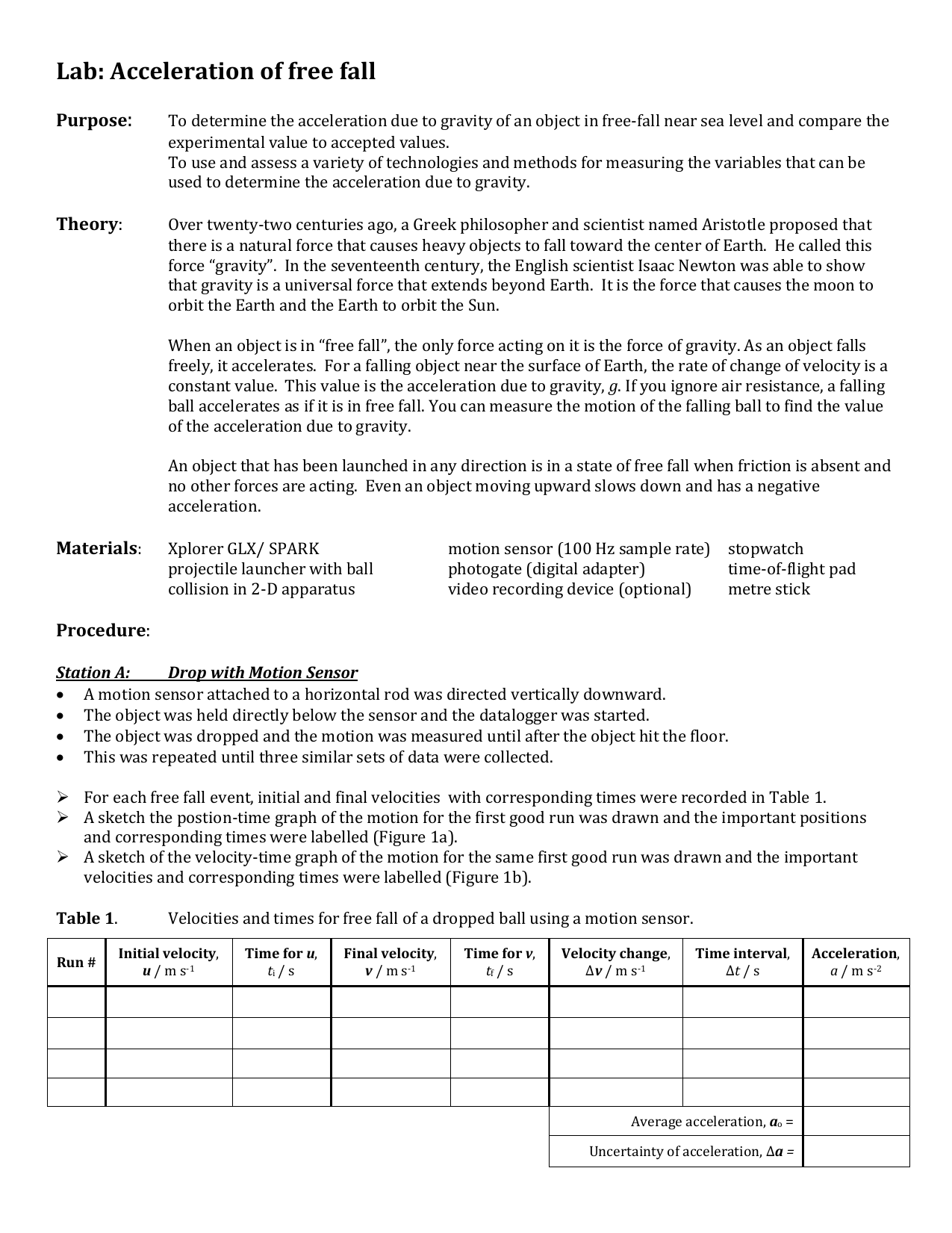 Lab Acceleration Of Free Fall Lab Acceleration Of Free Fall