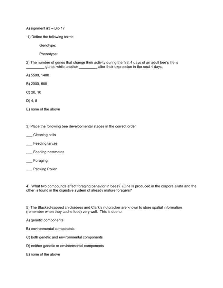 Assignment 3 Bio 17 1 Define The Following Terms Genotype