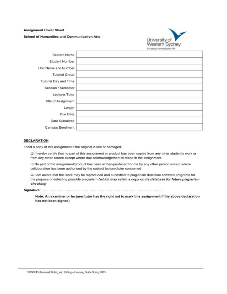 Assignment Cover Sheet Assignment Cover Sheet