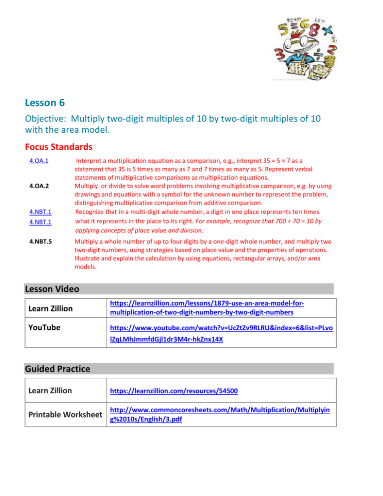 Lesson 6 Multiply Two digit Multiples Of 10 By Two digit