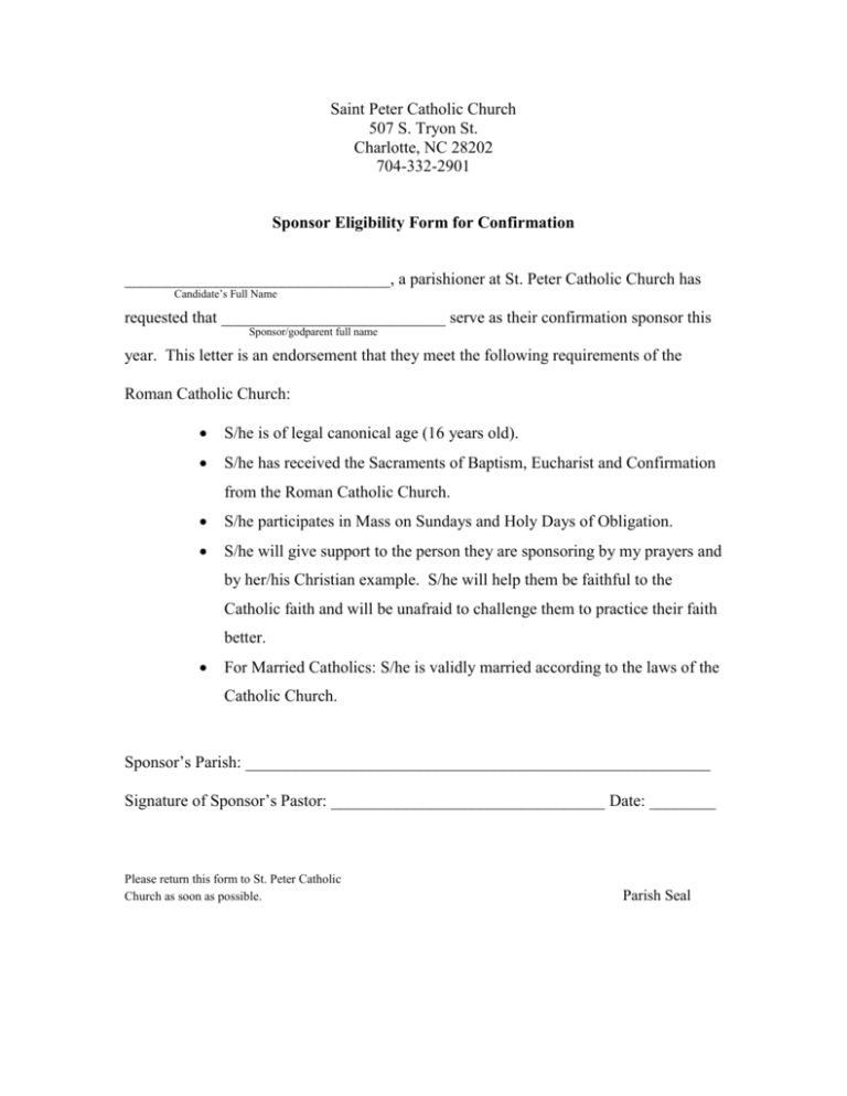 Confirmation Sponsor Form St Peter s Catholic Church