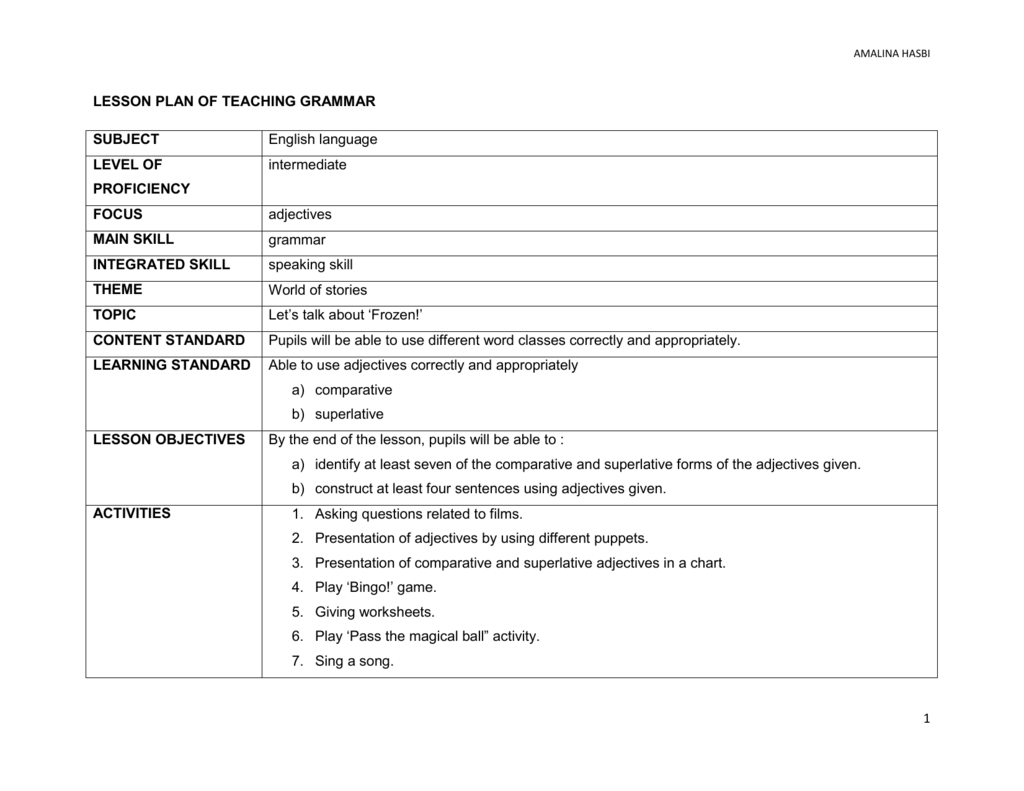 Lesson Plan Of Teaching Grammar