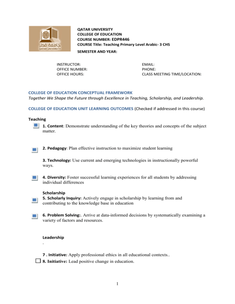 Teaching Primary Arabic: Course Syllabus - Qatar University