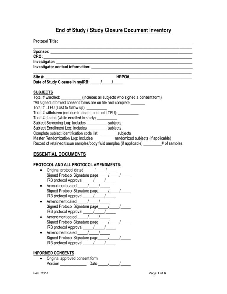 End of Study Checklist