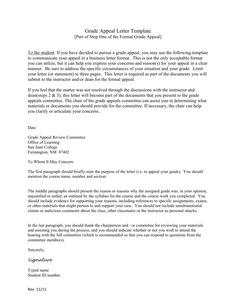 Grade Appeal Letter Template For Student