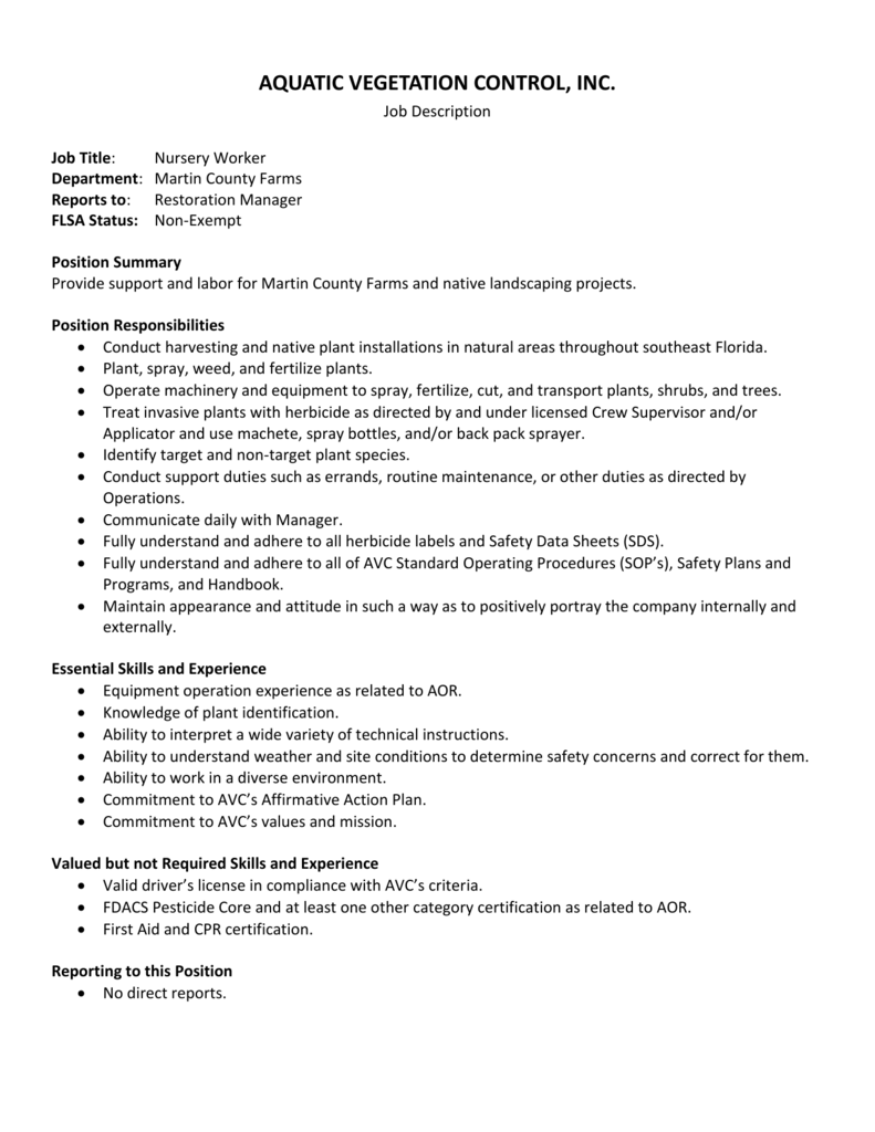 Nursery Workers Aquatic Vegetation Control Inc 