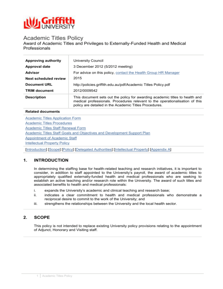 Academic Titles Policy Academic Titles Policy