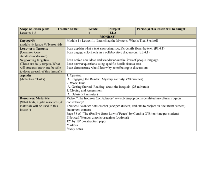 Fourth Grade ELA Module 1 Lessons 1